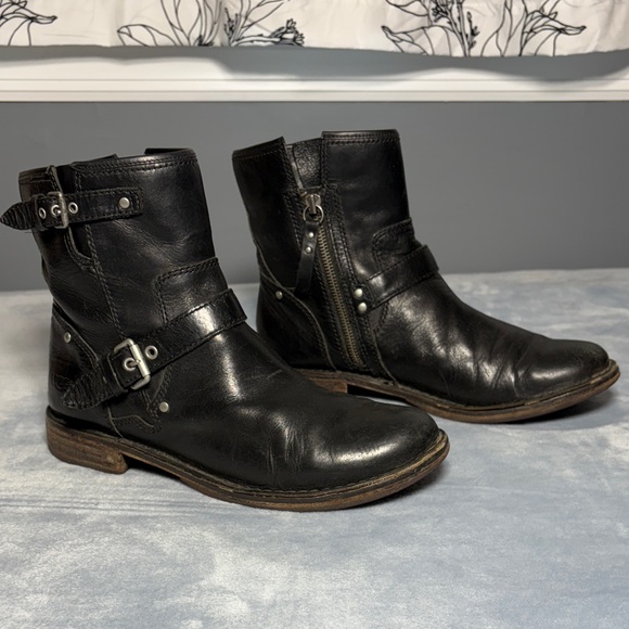 UGG | Shoes | Ugg Black Leather Combat Boots With Buckle Accents | Poshmark